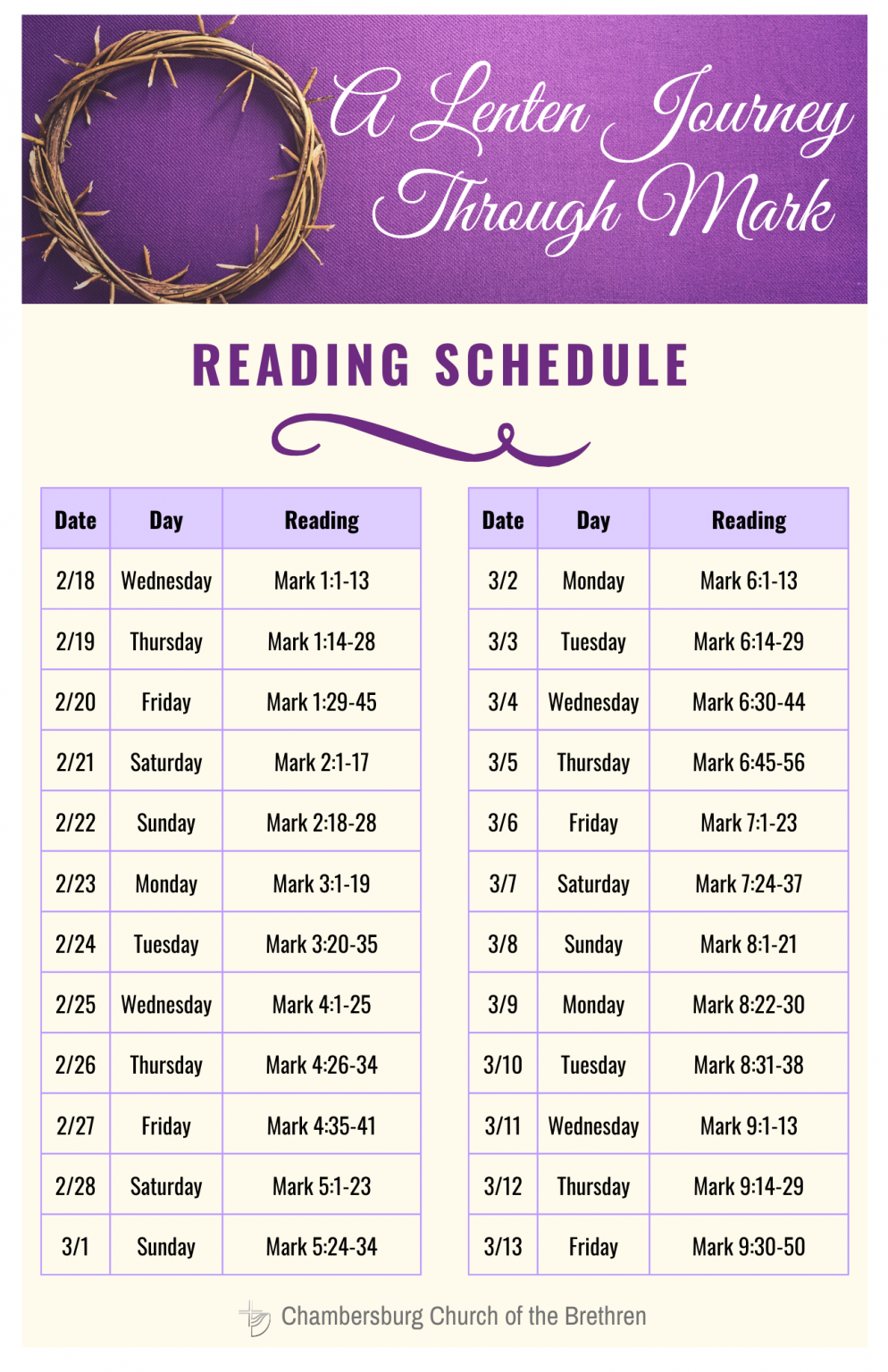 Lenten Scripture Reading Schedule - Chambersburg Church of the Brethren